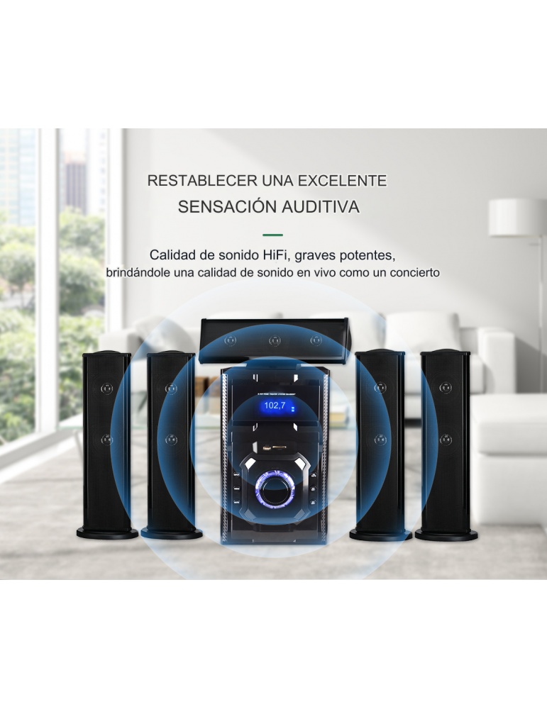 EQUIPO DE AUDIO 5.1 HOME THEATRE, SUBWOOFER, BLUETOOTH, FM, USB